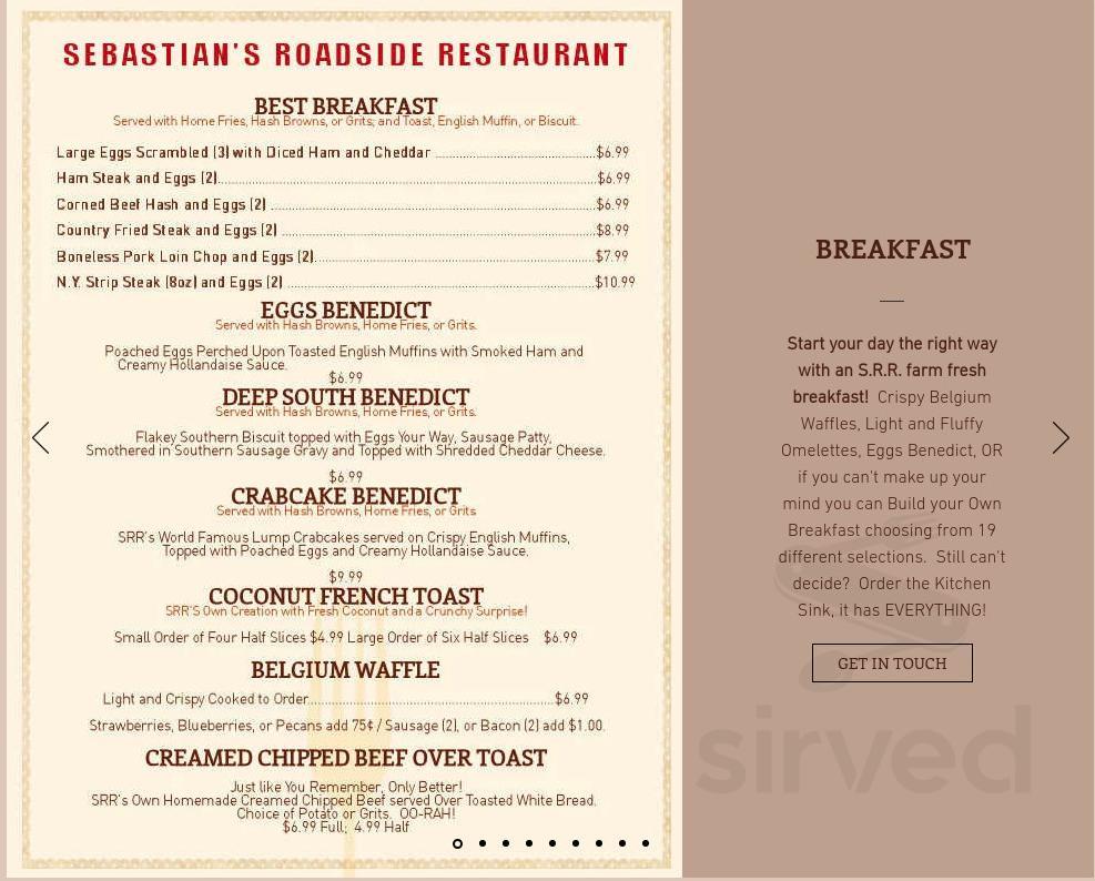 Sebastian's Roadside Restaurant menu in Sebastian, Florida, USA