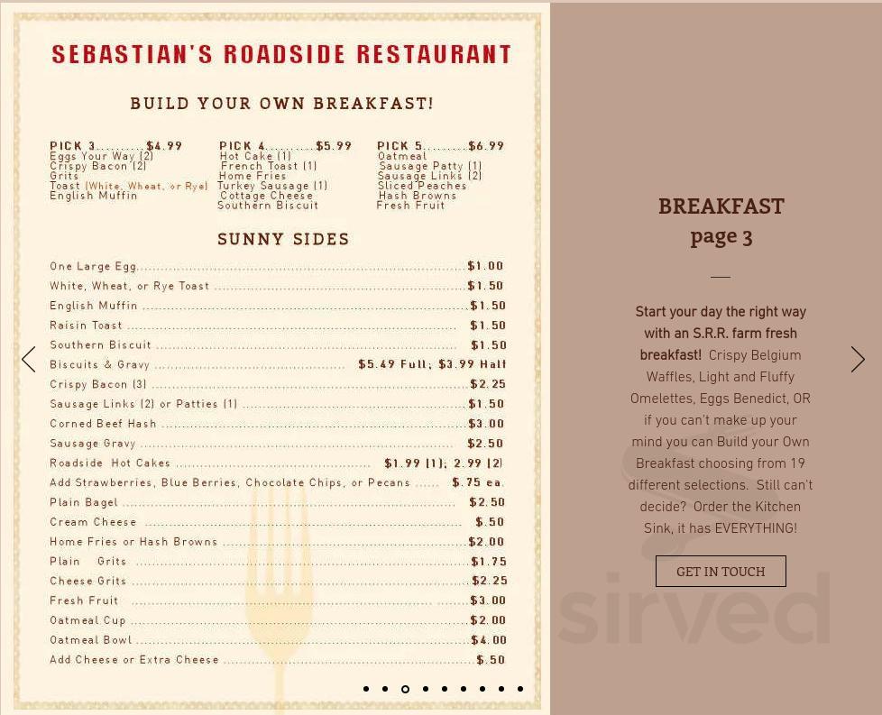 Sebastian's Roadside Restaurant menu in Sebastian, Florida, USA