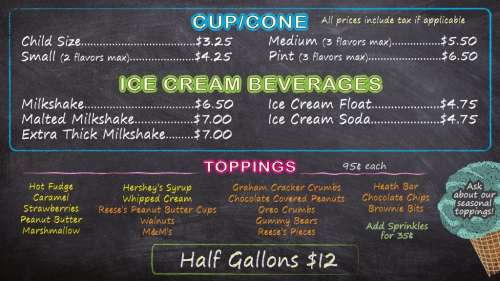 UConn Dairy Bar menu in Storrs, Connecticut, USA