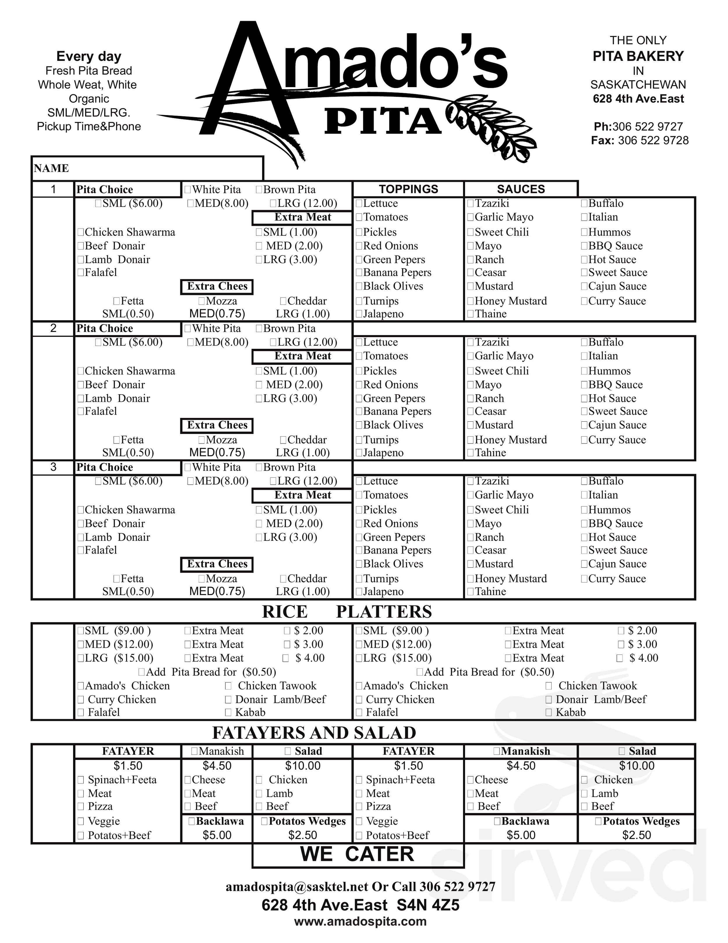 Menu for Amado's Pita in Regina, SK | Sirved