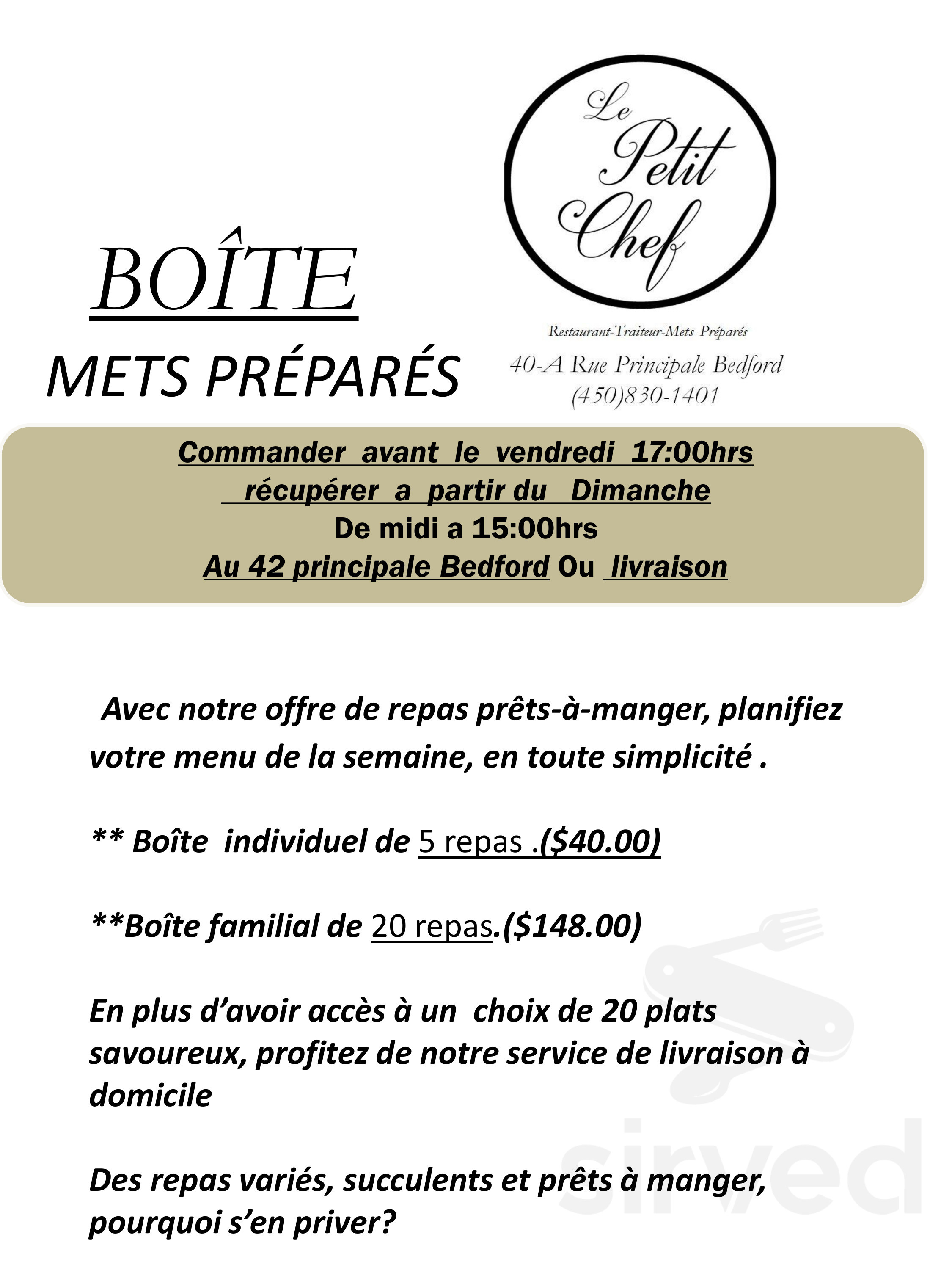 Le Petit Chef Bedford (cuisine francaise) menu in Bedford, Quebec, Canada