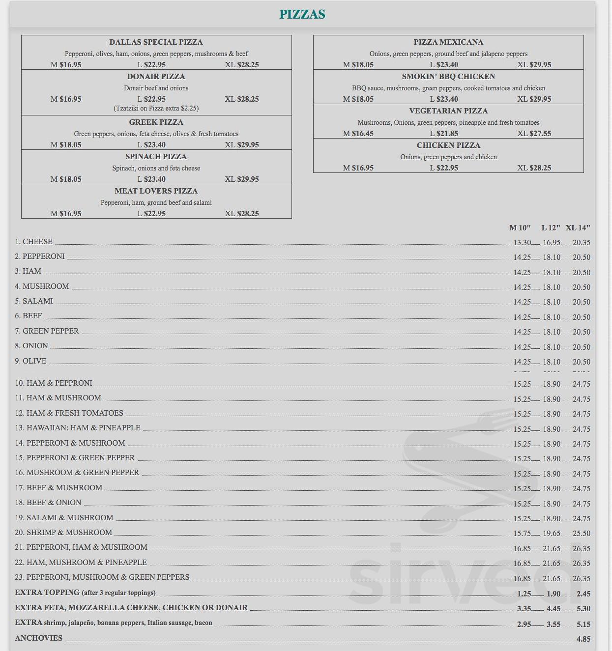 Dallas Pizza & Steak House menu in Edmonton, Alberta, Canada