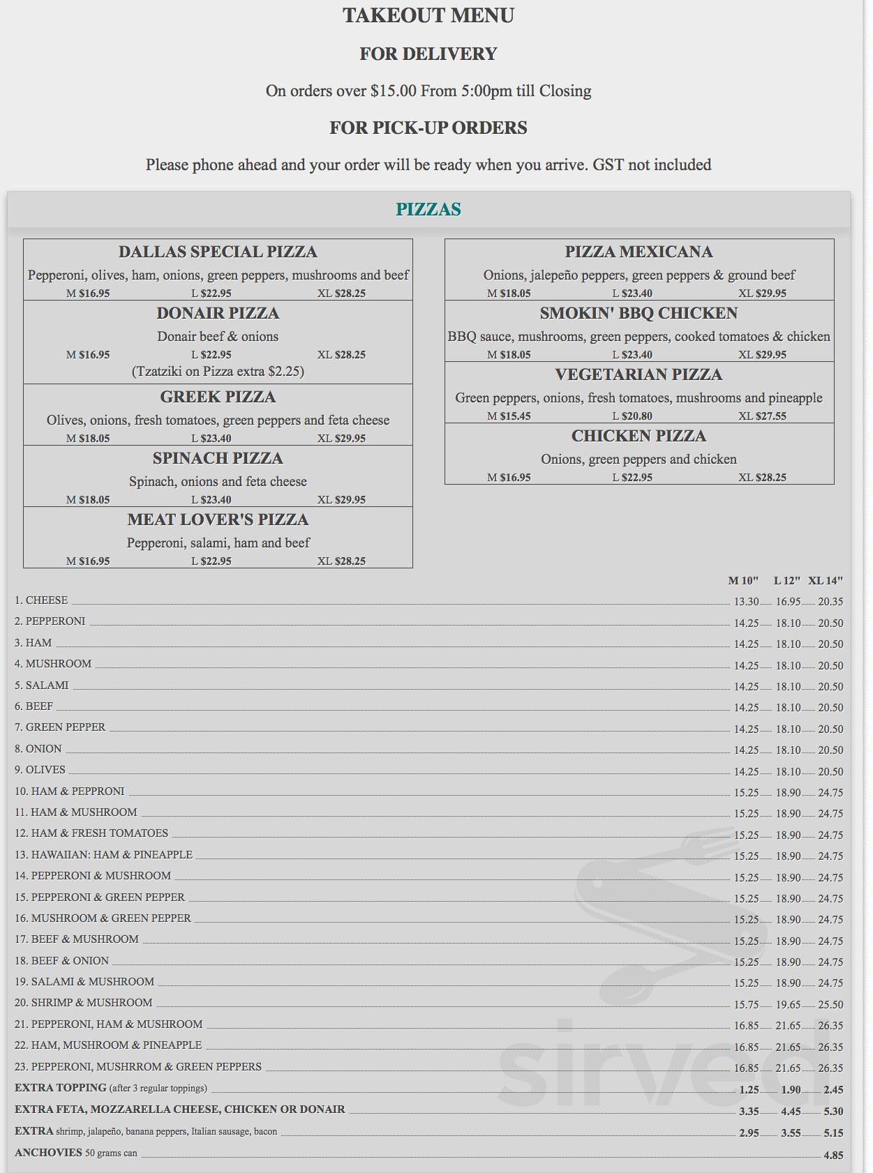 Dallas Pizza & Steak House menu in Edmonton, Alberta, Canada
