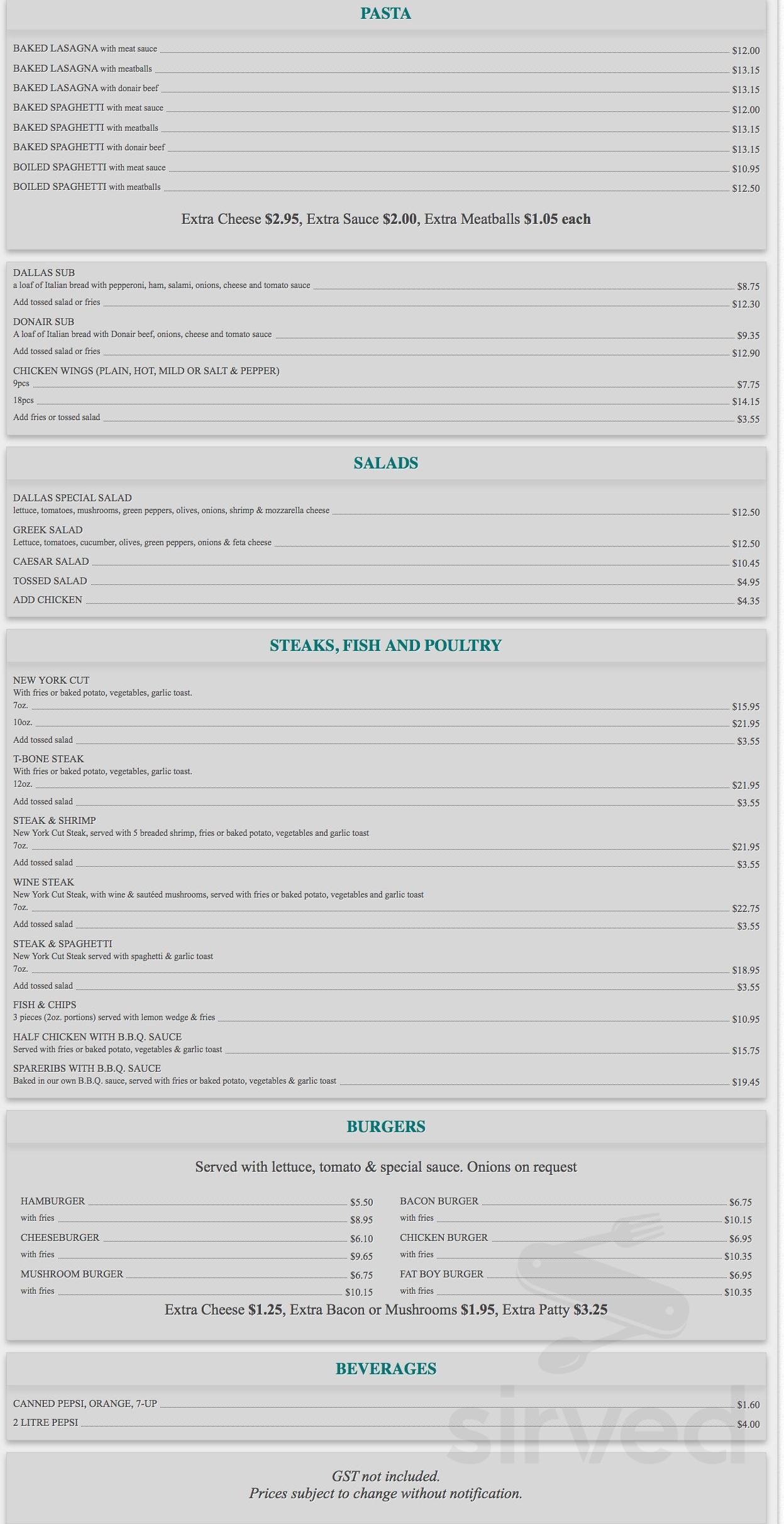 Dallas Pizza & Steak House menu in Edmonton, Alberta, Canada