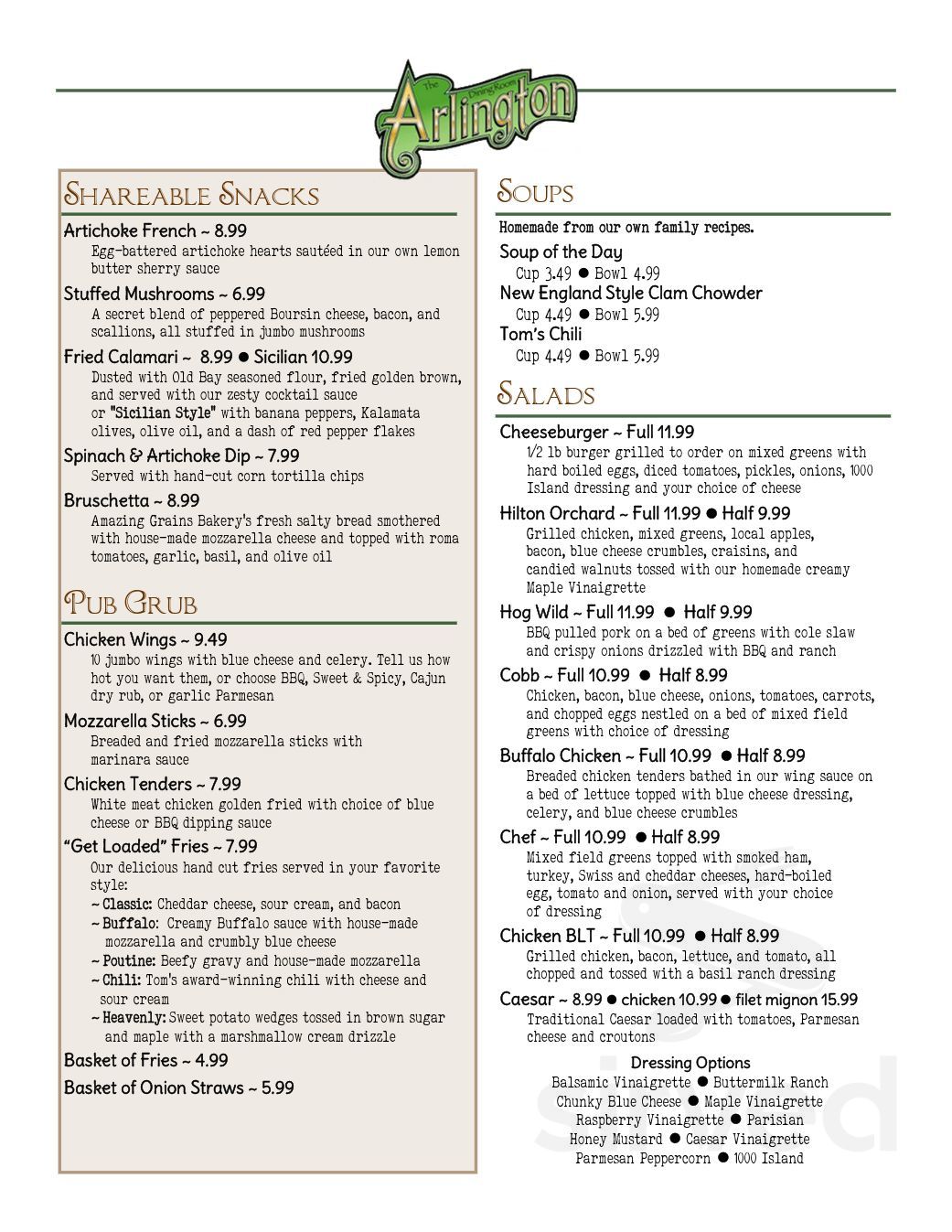 The Arlington Gastropub menu in Hilton, New York, USA