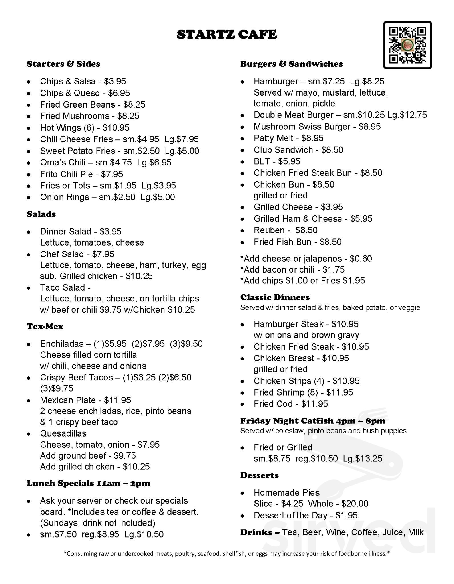 Startz Cafe menus in Canyon Lake, Texas, United States