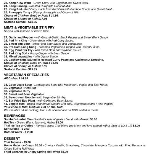 Sombat's Fresh Thai Cuisine menu in Hilo, Hawaii, USA