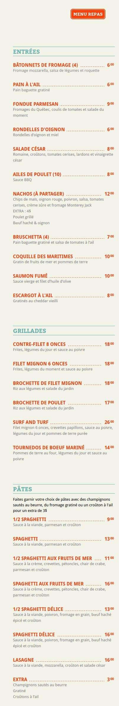 Resto Pub Délice (Le) menu in Québec, Quebec, Canada