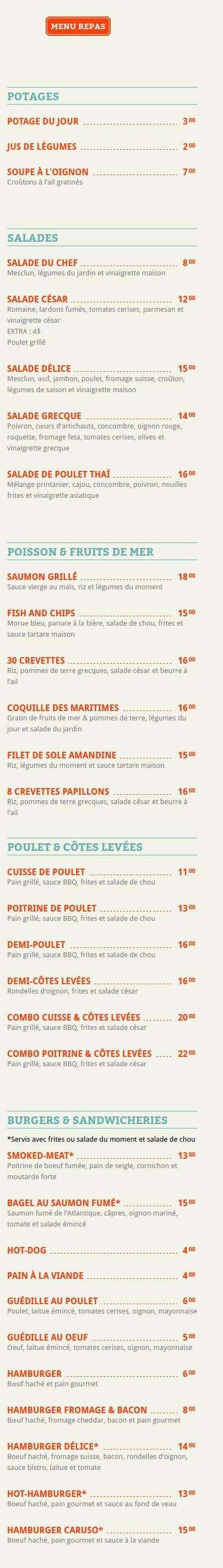 Resto Pub Délice (Le) menu in Québec, Quebec, Canada