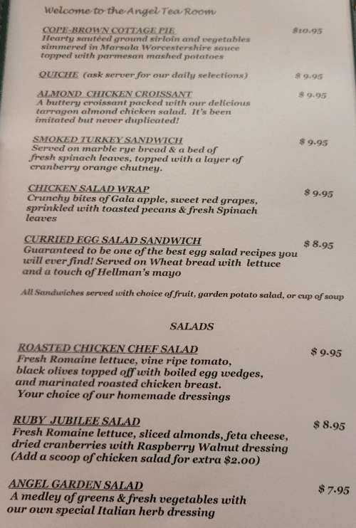Angel Tea Room & Heavenly Treasures Gift menu in Dade City, Florida, USA