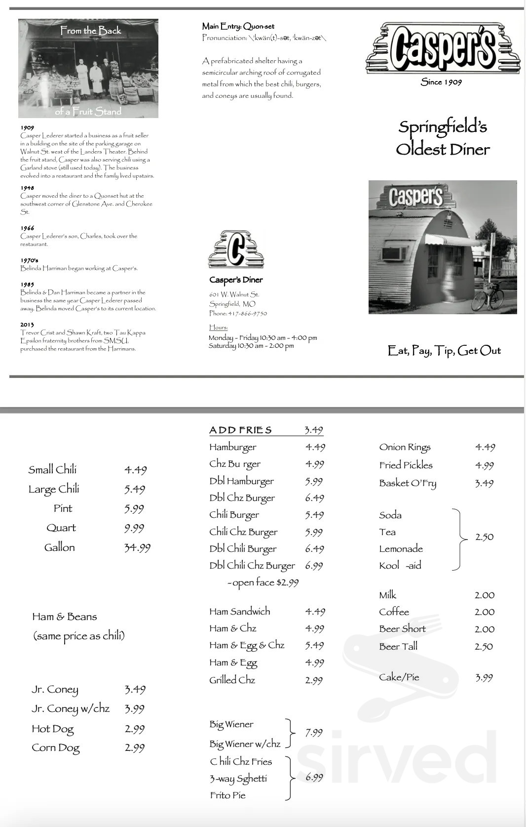 Casper's menu in Springfield, Missouri, USA
