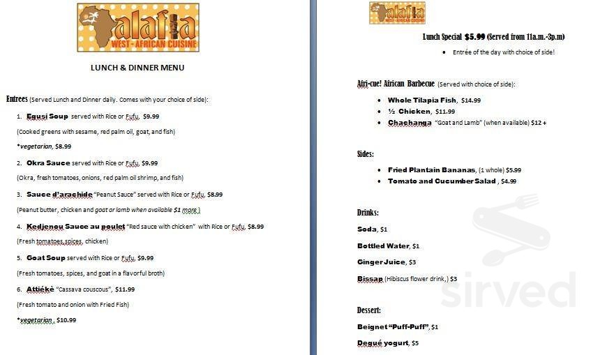Menu for Alafia West African Cuisine Beninese Restaurant in Tucson, AZ ...