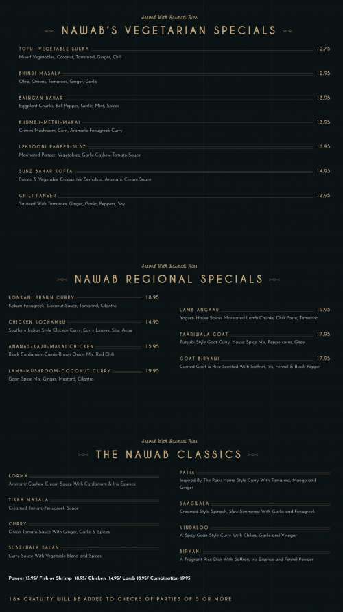 Nawab Indian Cuisine menu in Roanoke, Virginia, USA