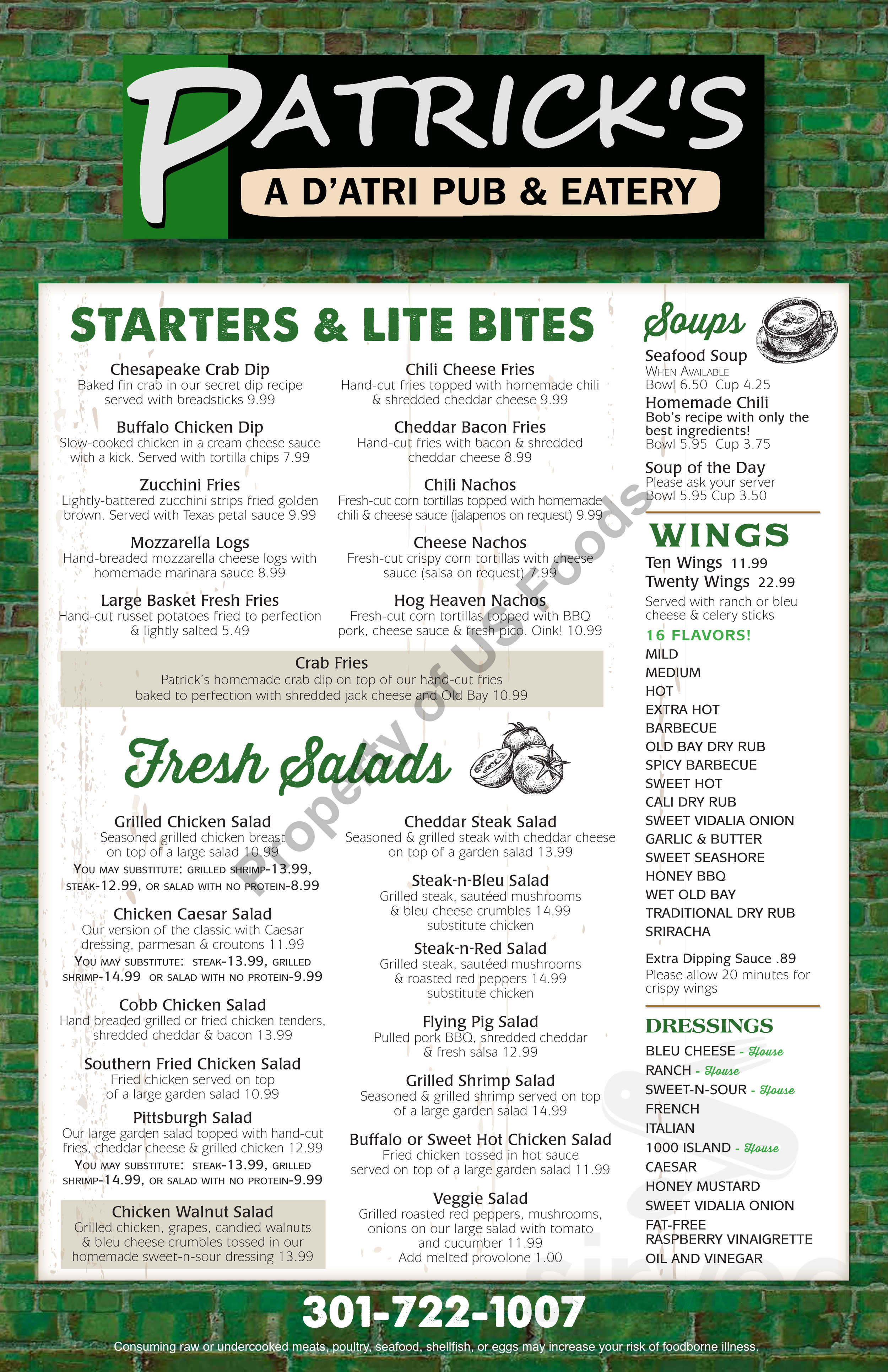 Menu Cumberland MD s Patricks Pub Sirved