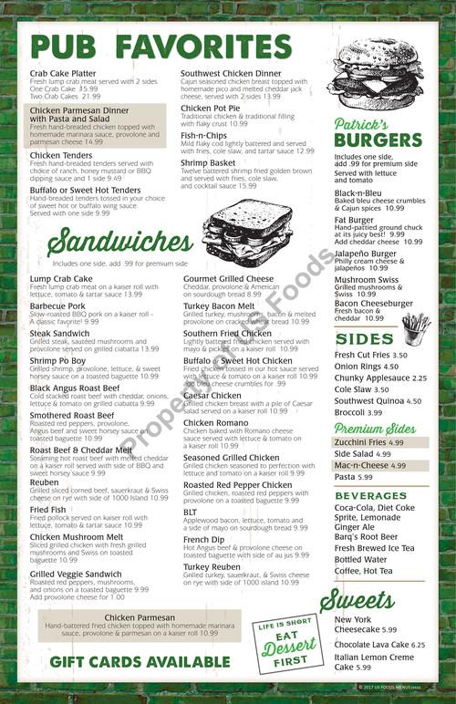 Patricks Pub menu in Cumberland, Maryland, USA