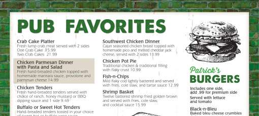 Menu for Patricks Pub in Cumberland, MD | Sirved