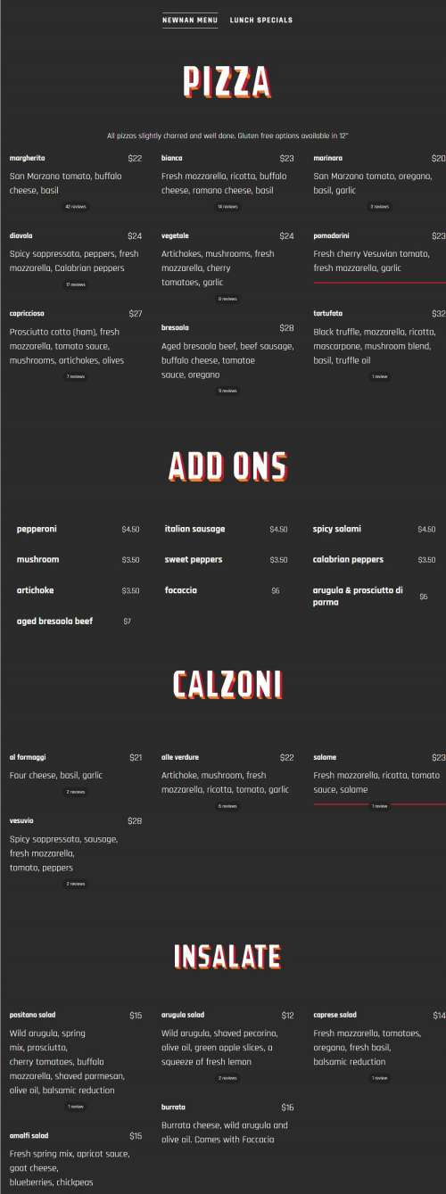 Positano Pizza Napoletana menu in Newnan, Georgia, USA