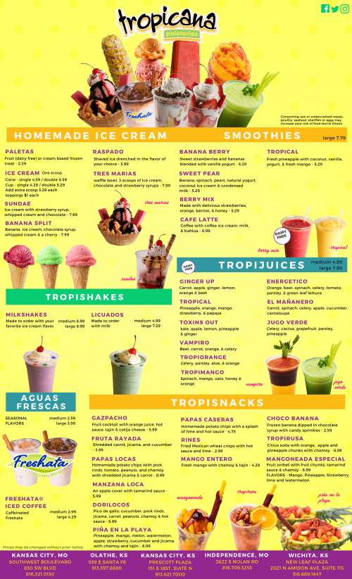 Palacana menu in Wichita, Kansas, USA