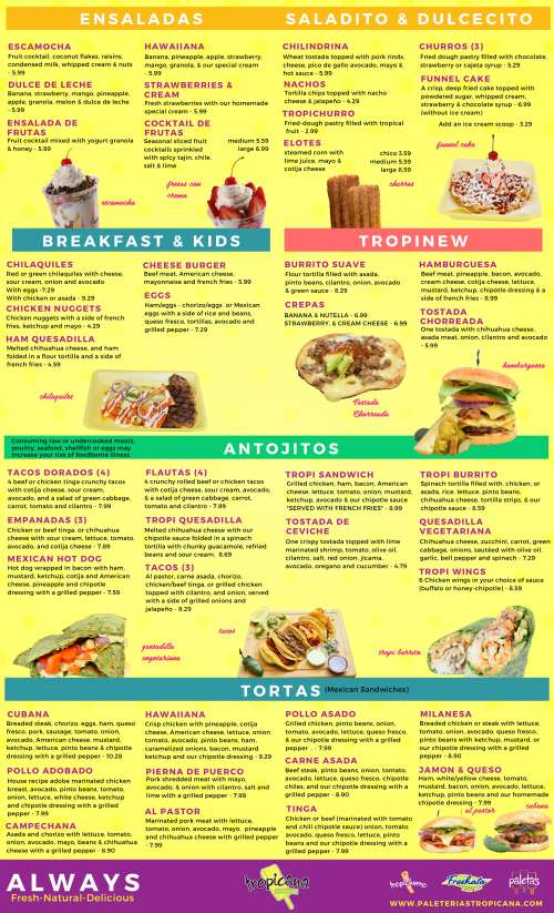 Palacana menu in Kansas City, Kansas, USA