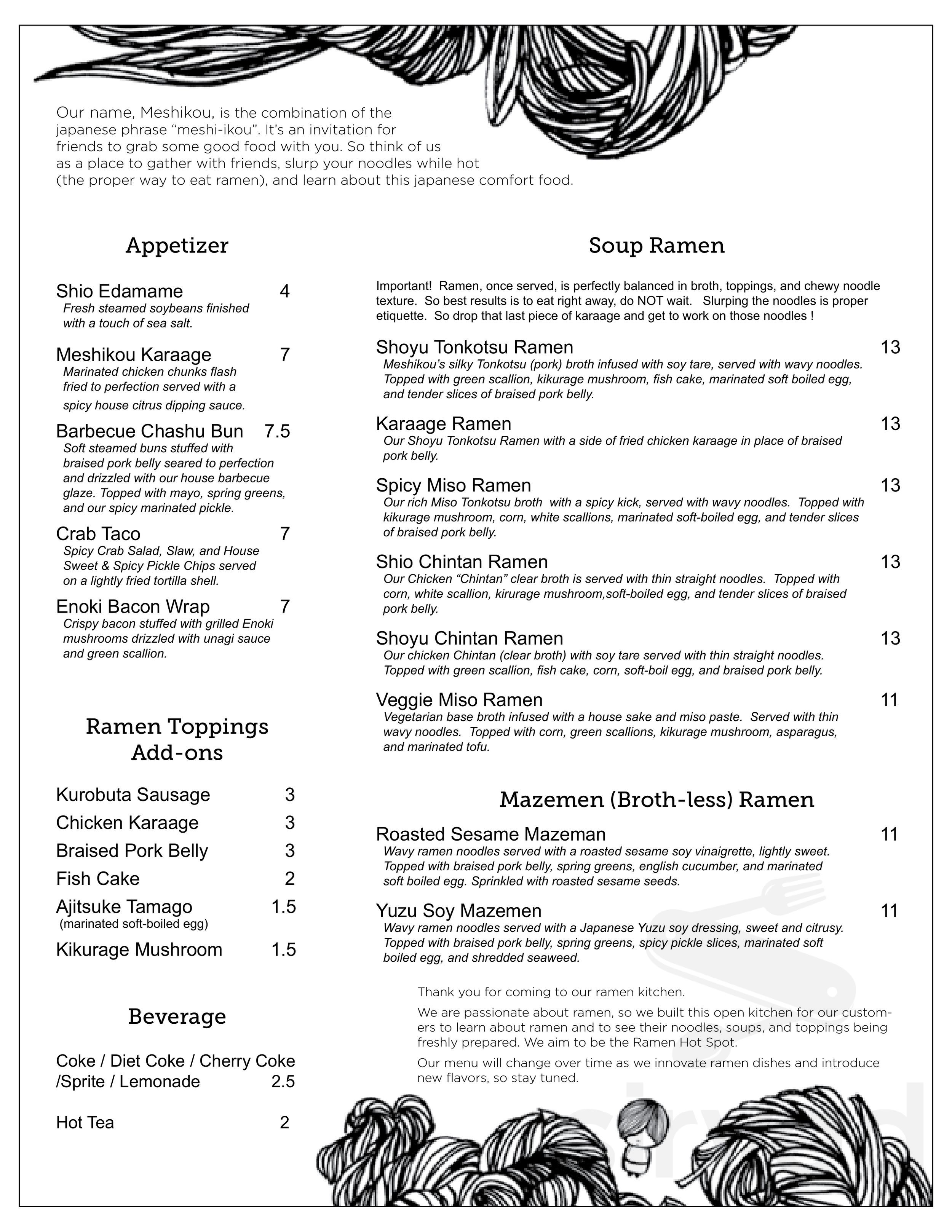 Menu for Meshikou Ramen in Columbus, OH | Sirved