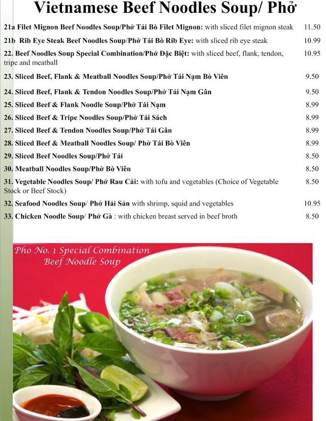 Pho No.1 Vietnamese Cuisine menu in Chicago, Illinois, USA