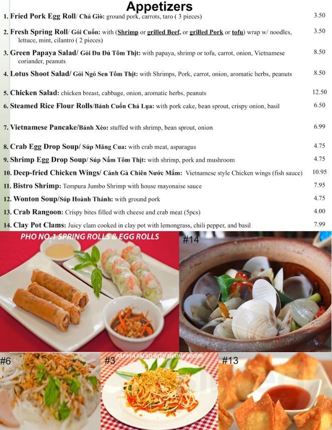 Pho No.1 Vietnamese Cuisine menu in Chicago, Illinois, USA