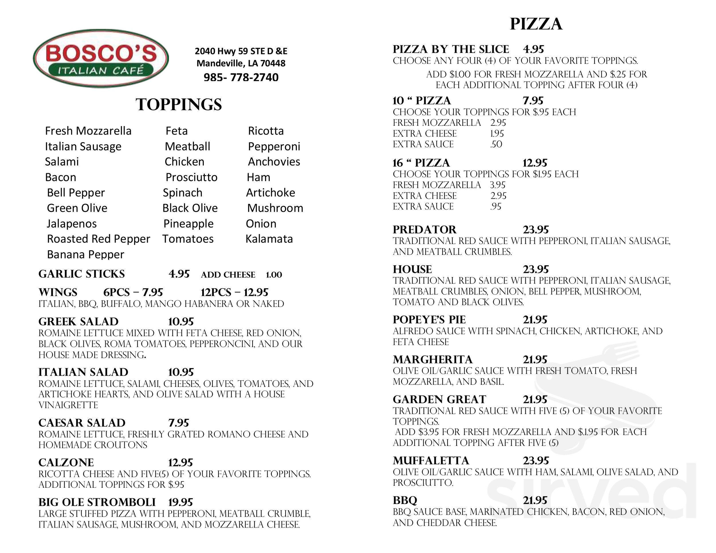 Bosco's Italian Cafe menu in Mandeville, Louisiana, USA