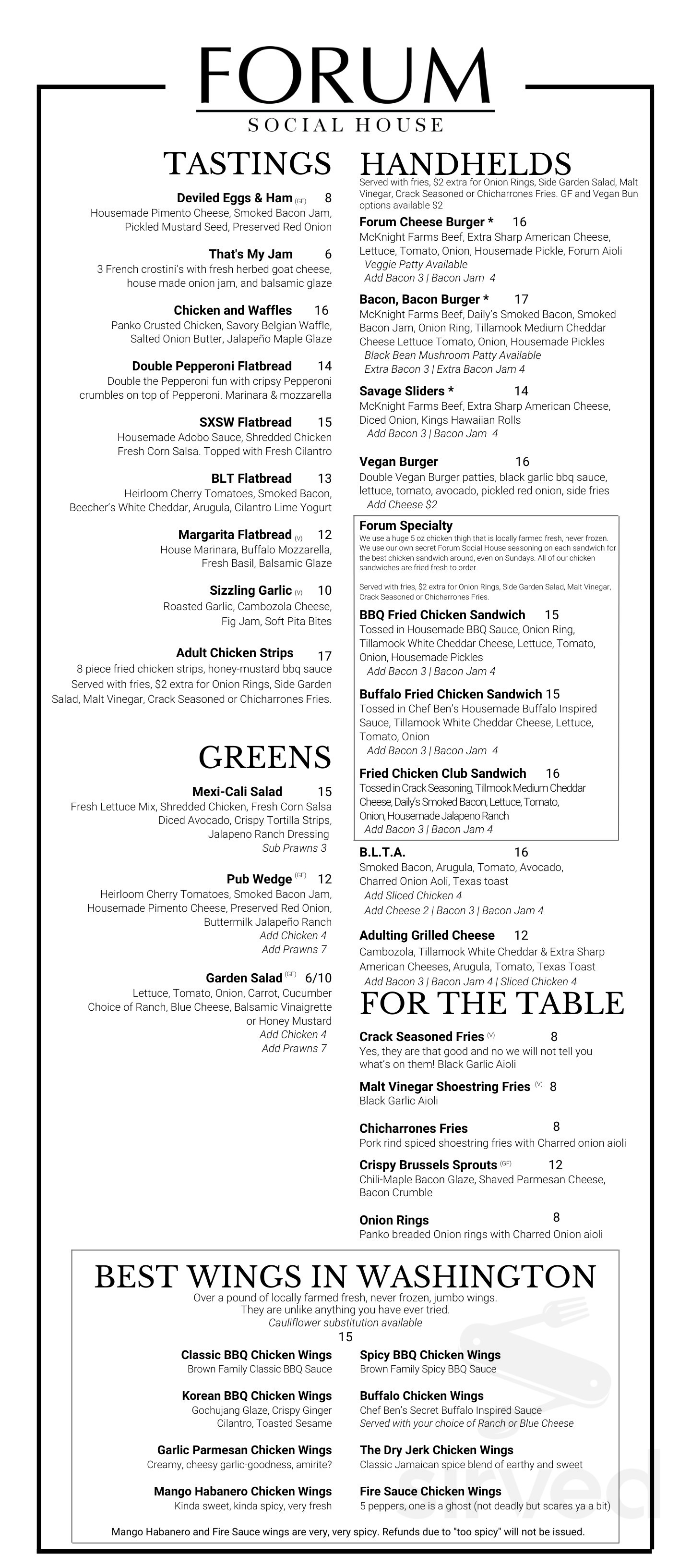 Forum Social House menus in Bellevue, Washington, United States