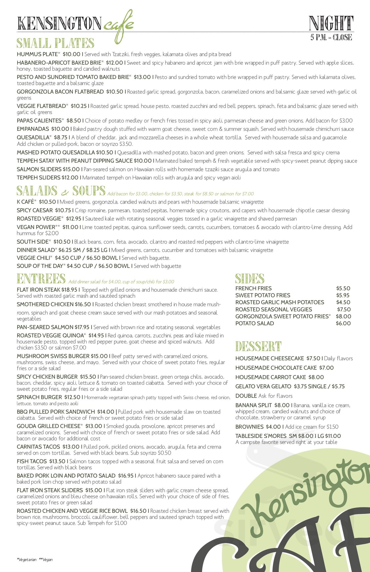 Kensington Cafe menu in San Diego, California, USA