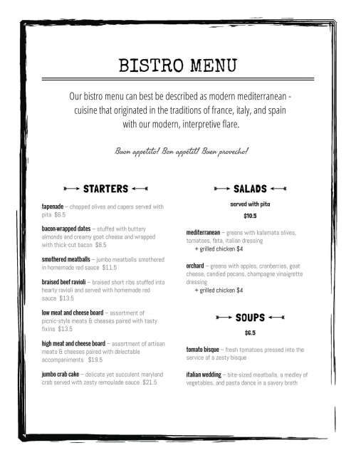 High & Low Winery + Bistro menu in Medina, Ohio, USA