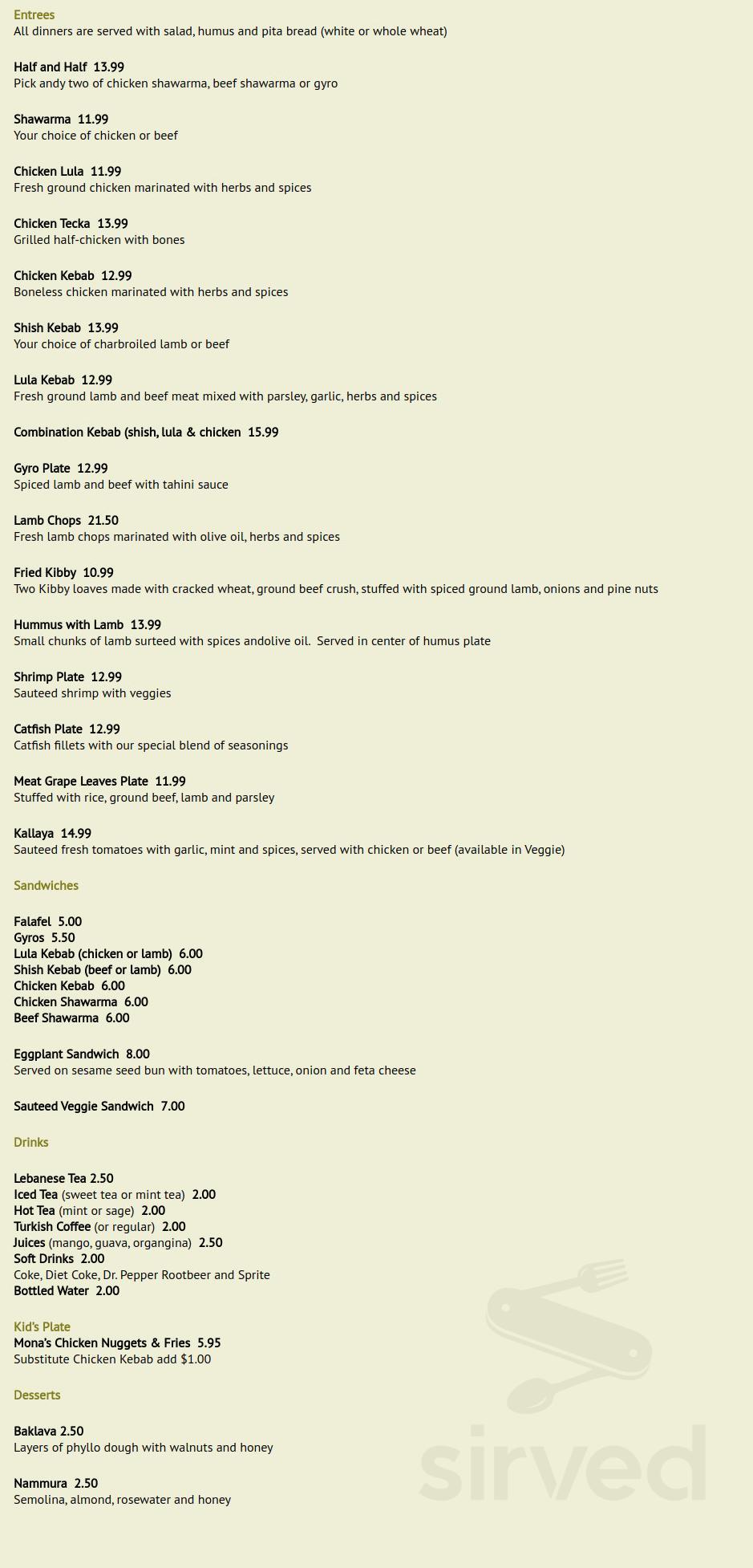 Mona's Cafe menu in New Orleans, Louisiana, USA