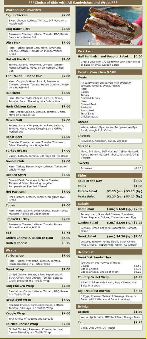 Warehouse Deli menu in Oldsmar, Florida, USA