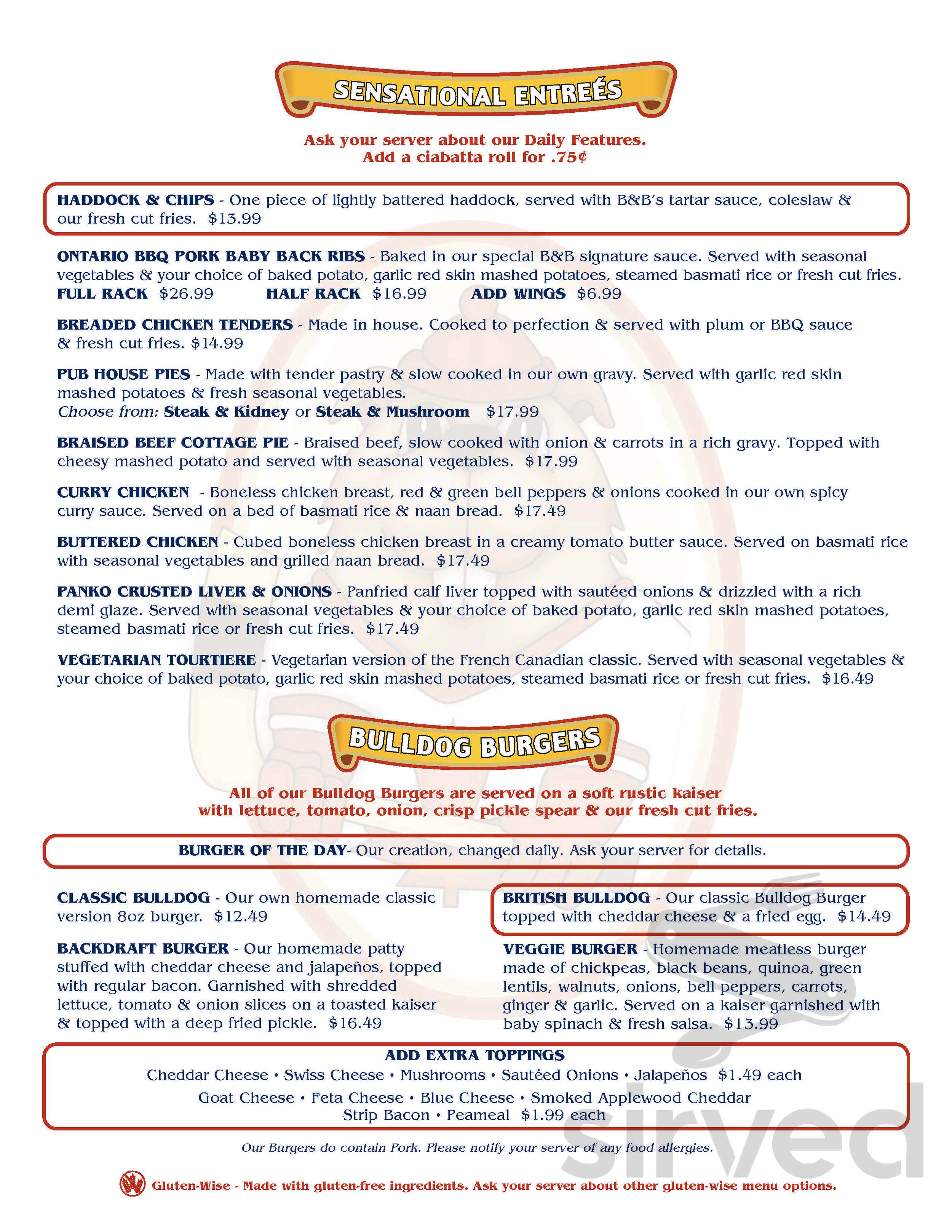Beaver & Bulldog Sports Pub menu in Collingwood, Ontario, Canada
