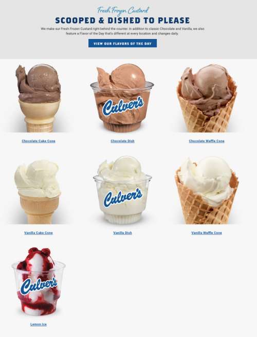 Culver's menu in Kernersville, North Carolina, USA