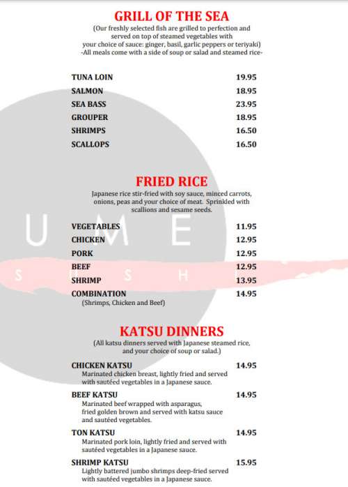 Yume Sushi menu in Sarasota, Florida, USA