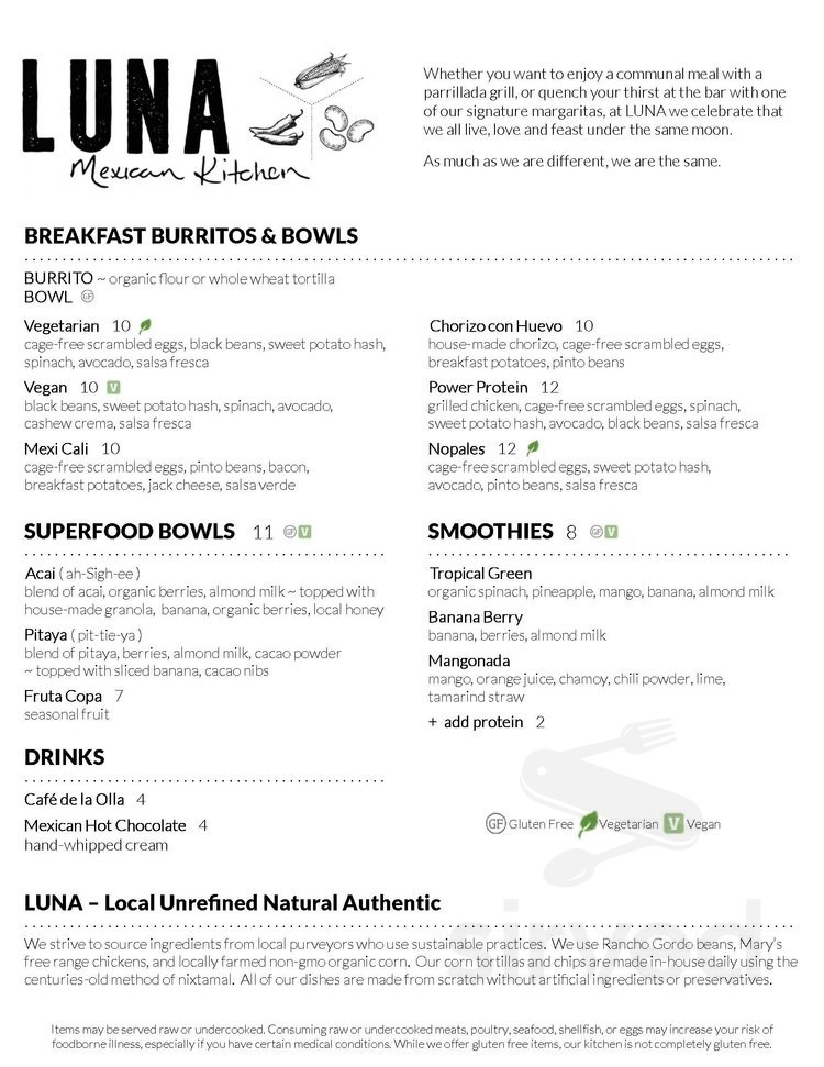 Menu - San Jose CA's LUNA Mexican Kitchen - The Alameda | Sirved