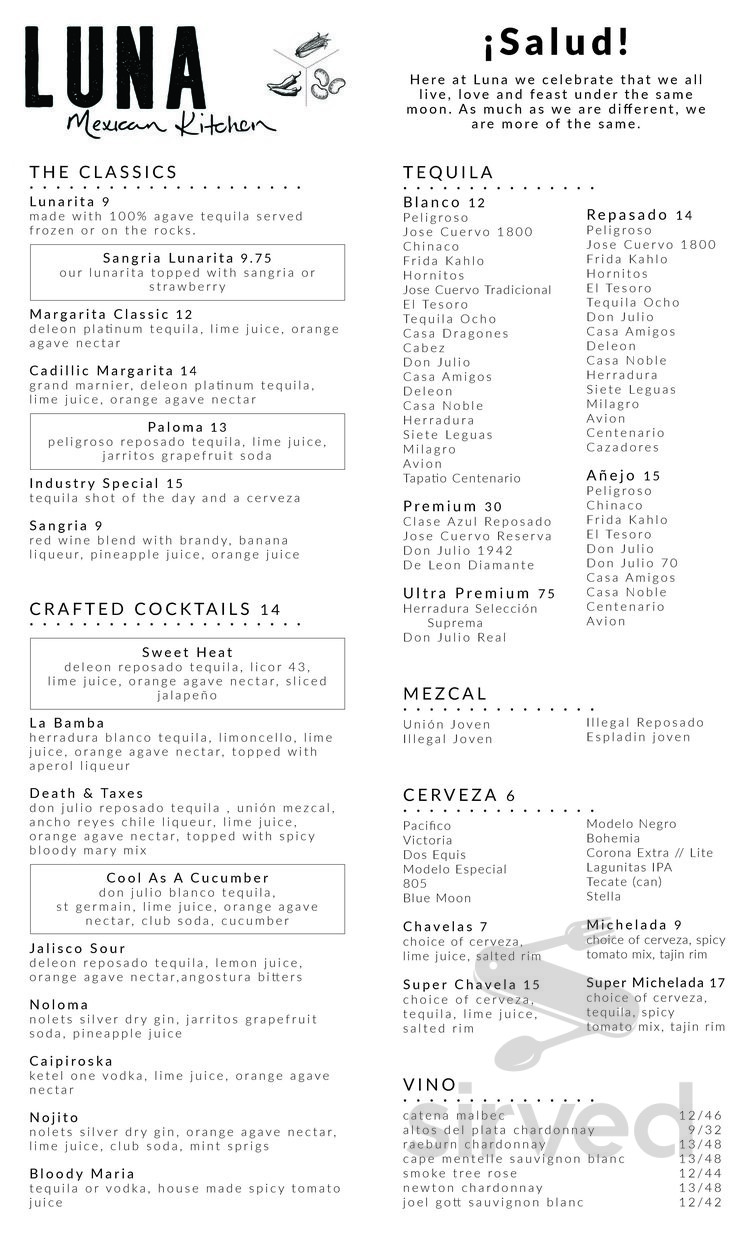 Menu - San Jose CA's LUNA Mexican Kitchen - The Alameda | Sirved