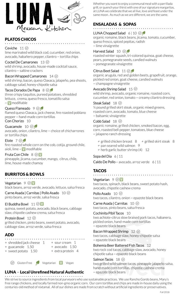 Menu - San Jose CA's LUNA Mexican Kitchen - The Alameda | Sirved
