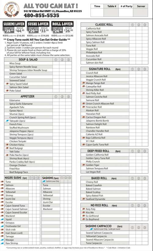 Crazy Tuna Sushi menu in Chandler, Arizona, USA