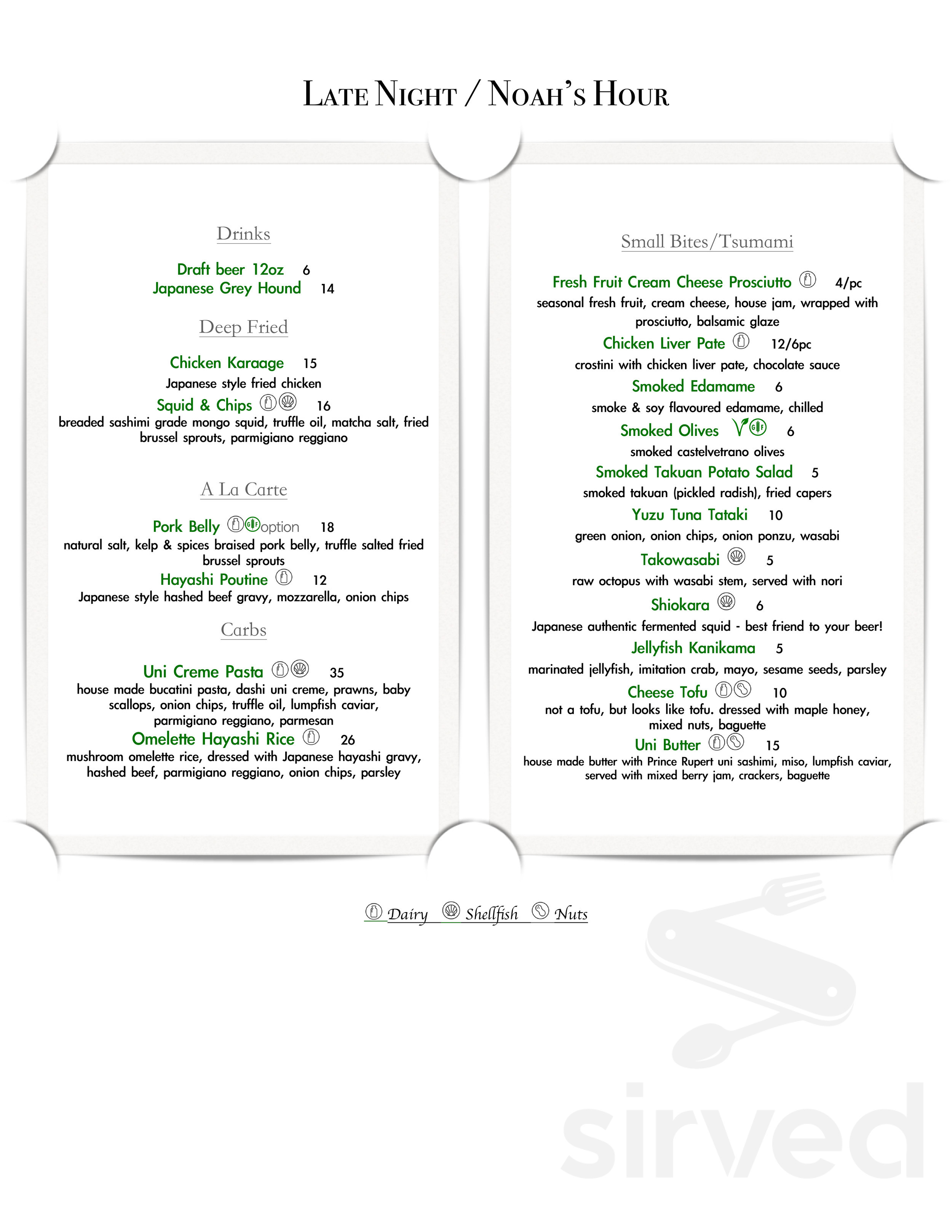 Menu for Noah's Cafe in Vancouver, BC | Sirved