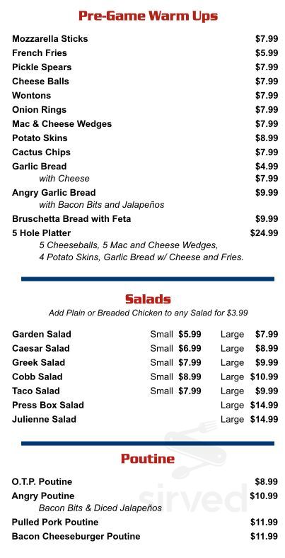 The Overtime Pub menus in Thorold, Ontario, Canada