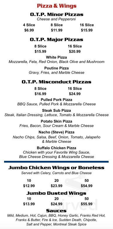 The Overtime Pub menu in Thorold, Ontario, Canada