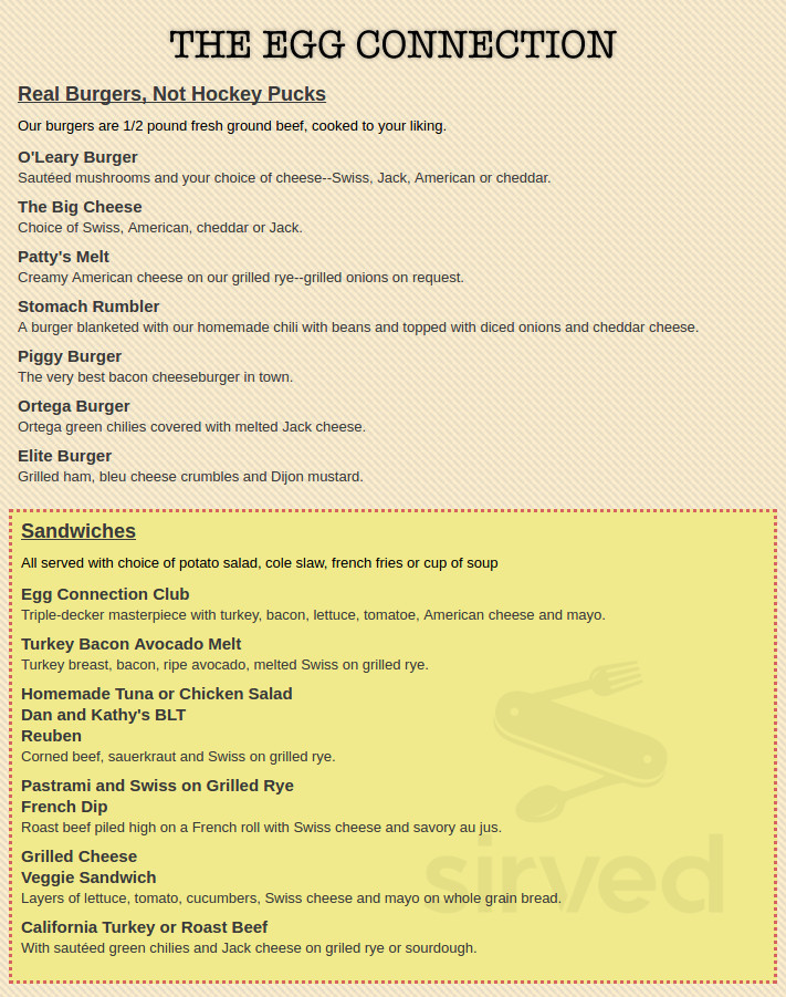 The Egg Connection menu in Tucson, Arizona, USA
