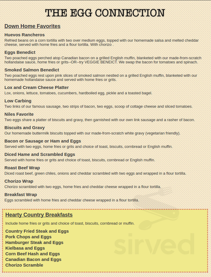 The Egg Connection menu in Tucson, Arizona, USA