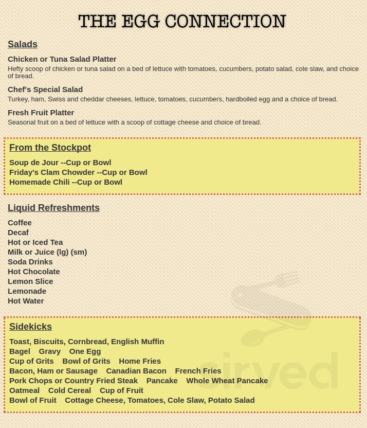 The Egg Connection menu in Tucson, Arizona, USA