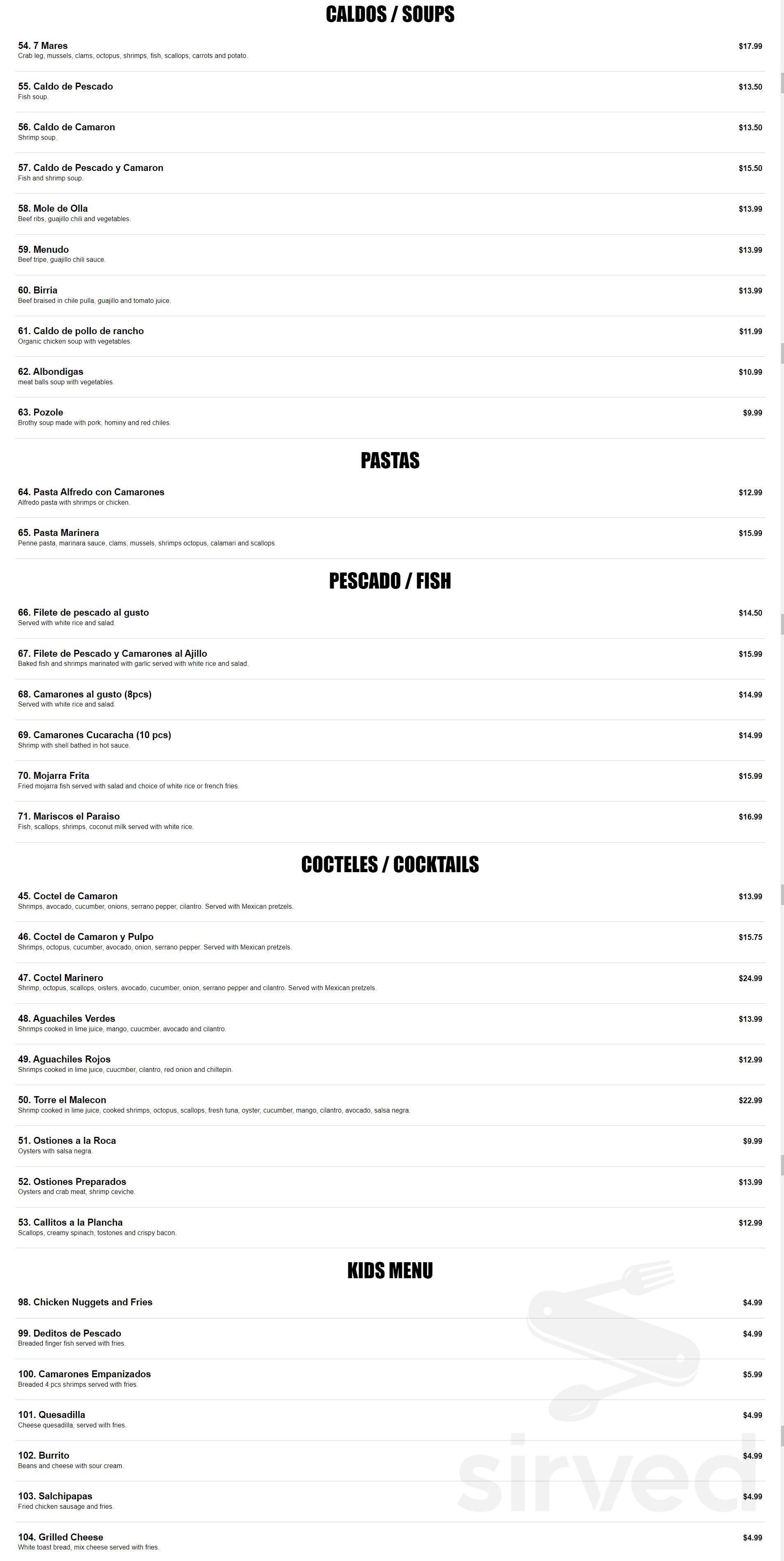 El Muelle Mexican Restaurant menu in Aurora, Colorado, USA