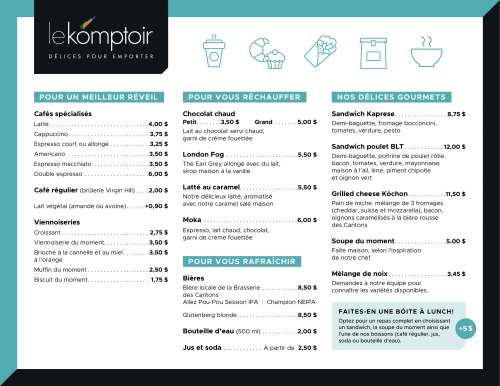 Bistro Kóz menu in Magog, Quebec, Canada