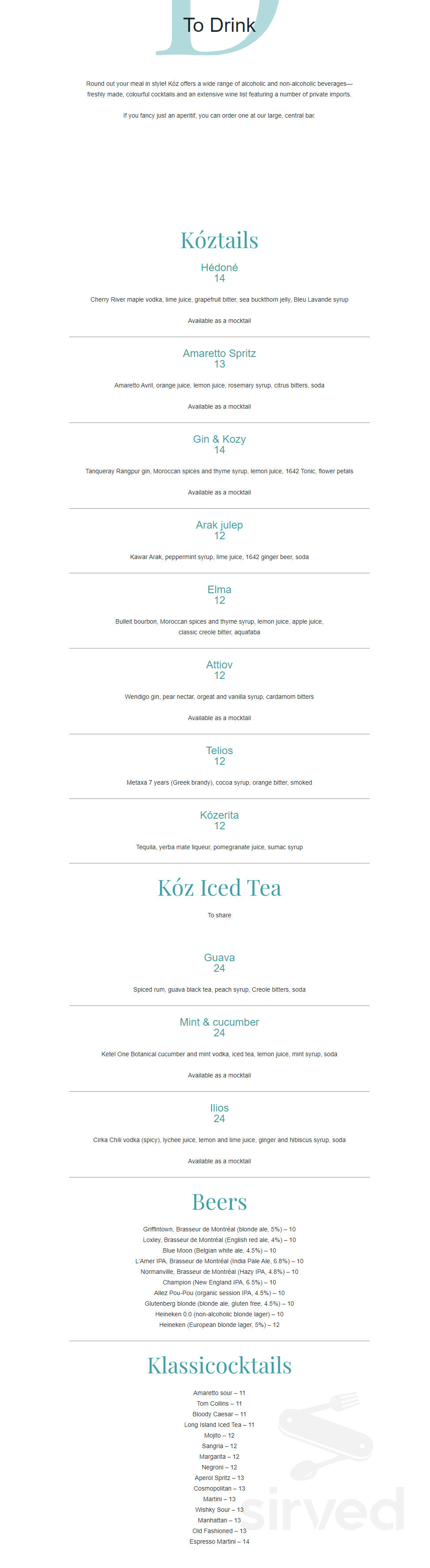 Bistro Kóz menu in Magog, Quebec, Canada