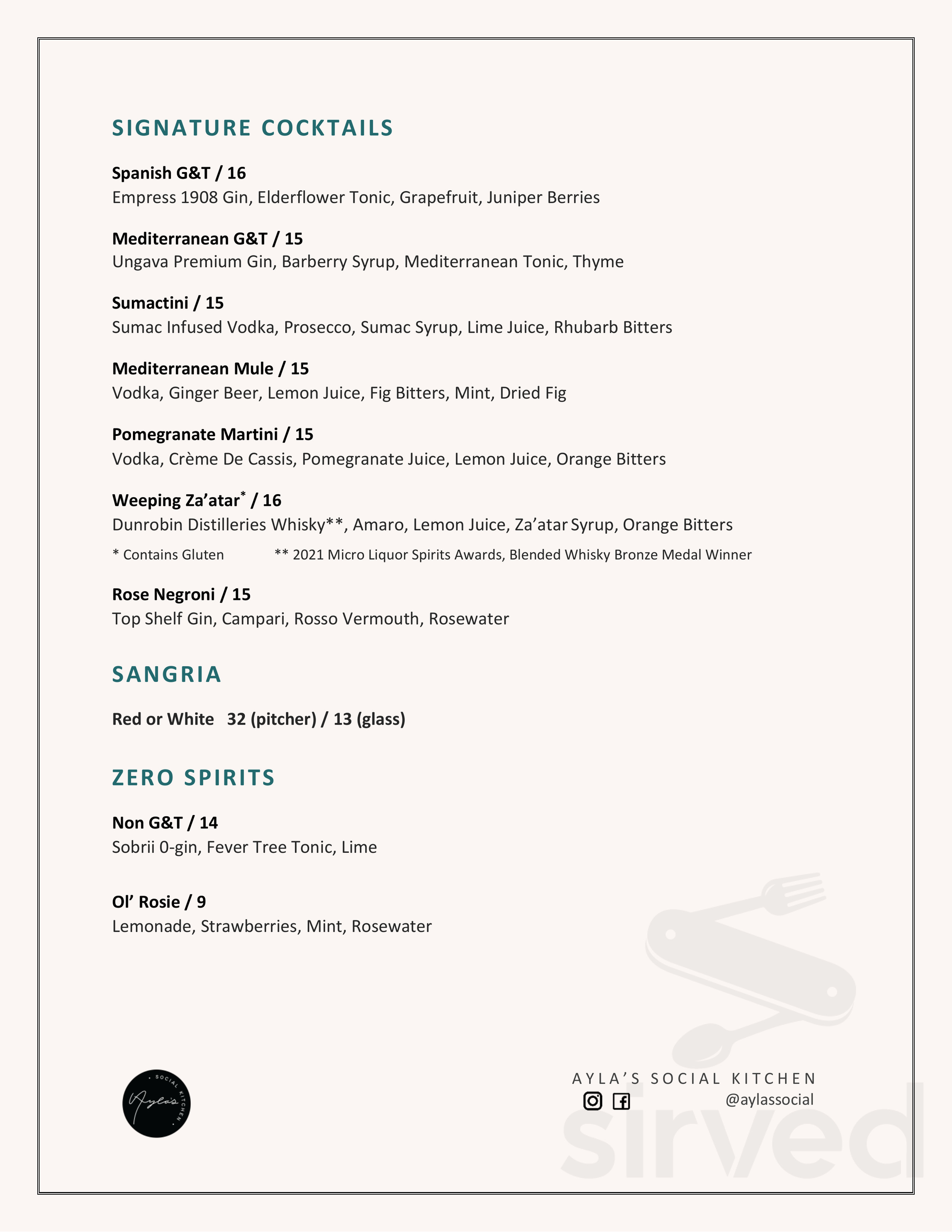 Ayla's Social Kitchen menu in Ottawa, Ontario, Canada