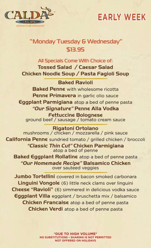 Calda Pizzeria & Restaurant menu in Massapequa, New York, USA